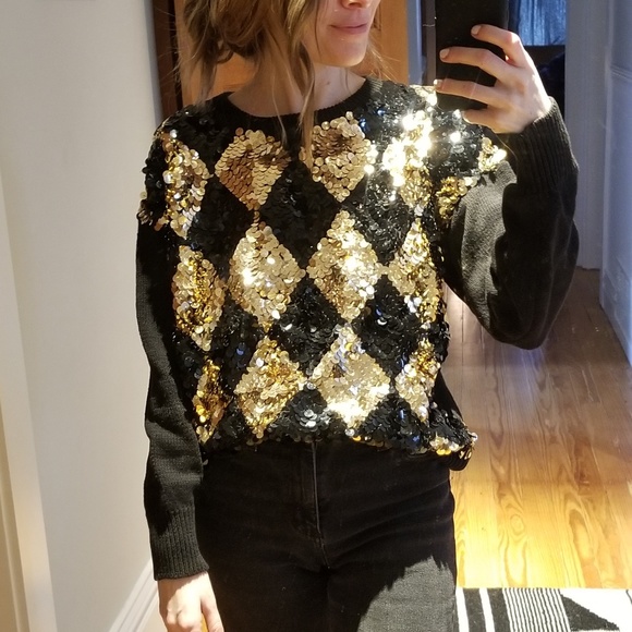 Christina | Sweaters | Vintage Sequin Gold And Black Sweater Xs S ...